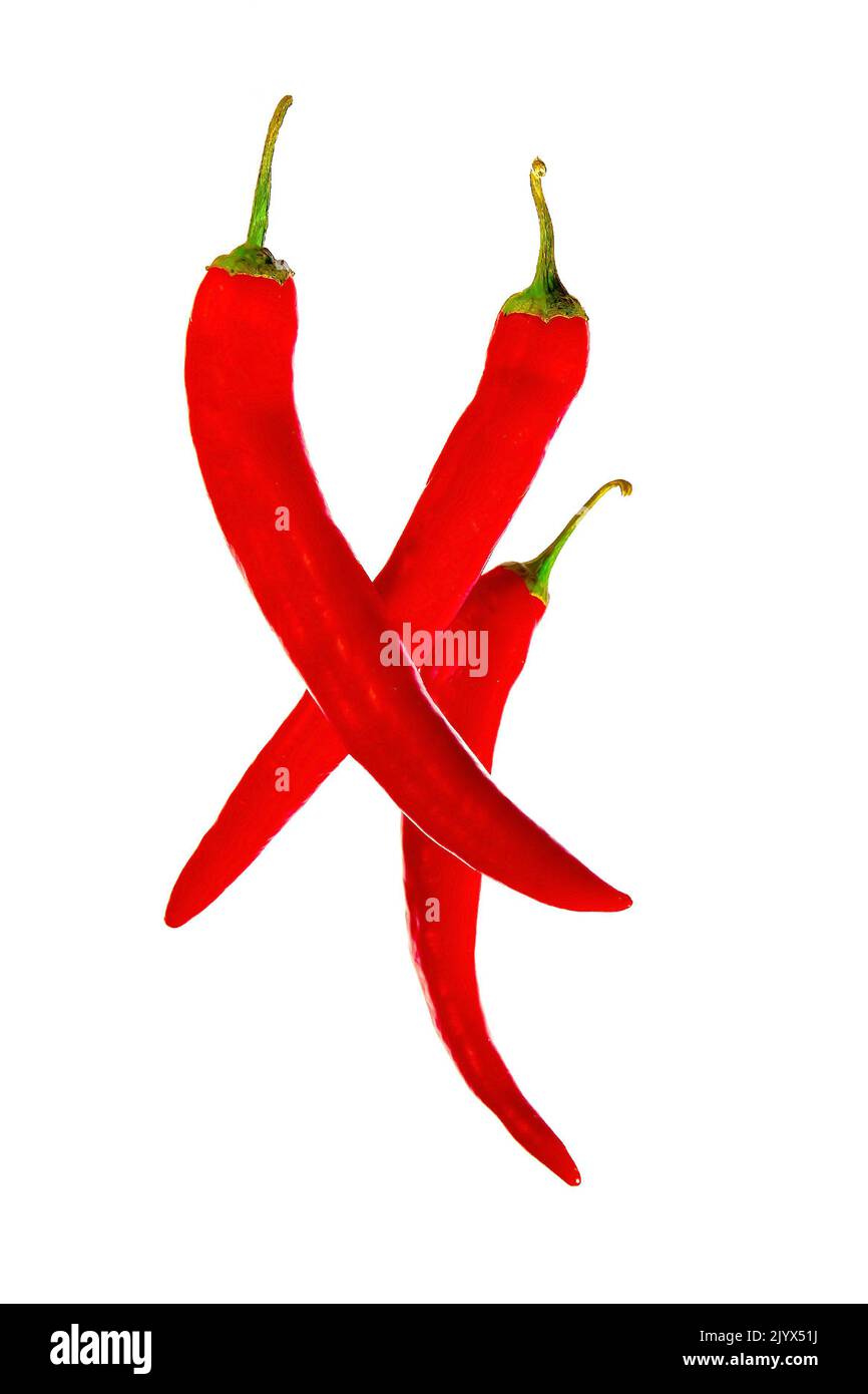 Group of red hot pepper pods isolated on white background, vertical ...