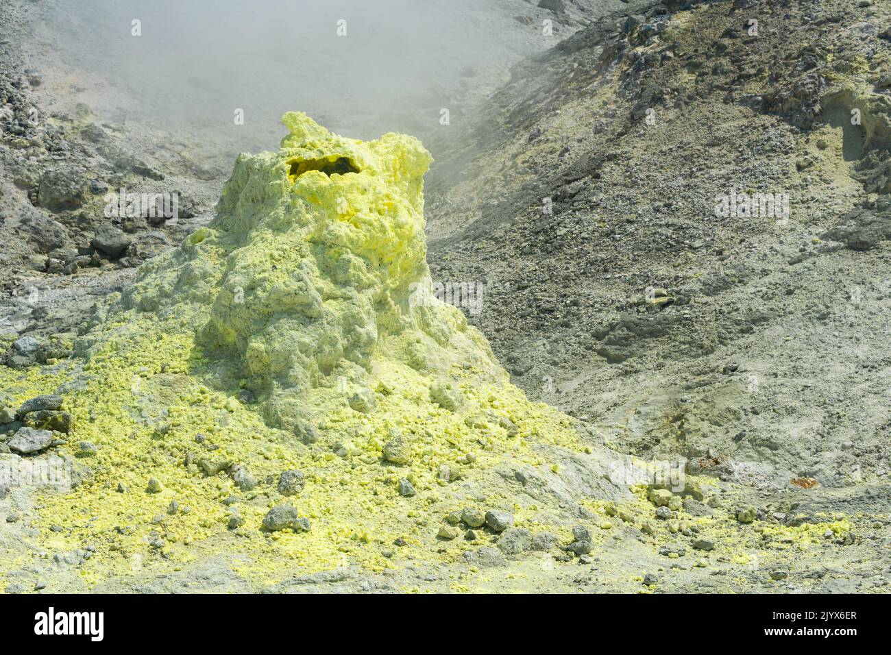 sulfur deposits around a solfatara in a fumarole field on the slope of ...