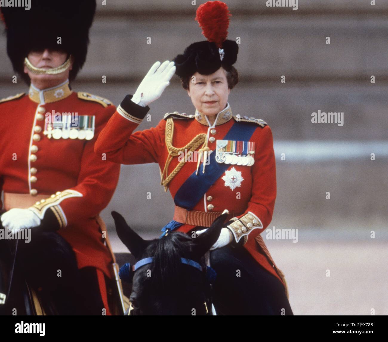 File photo dated 15/06/1985 of Queen Elizabeth II taking the salute of ...