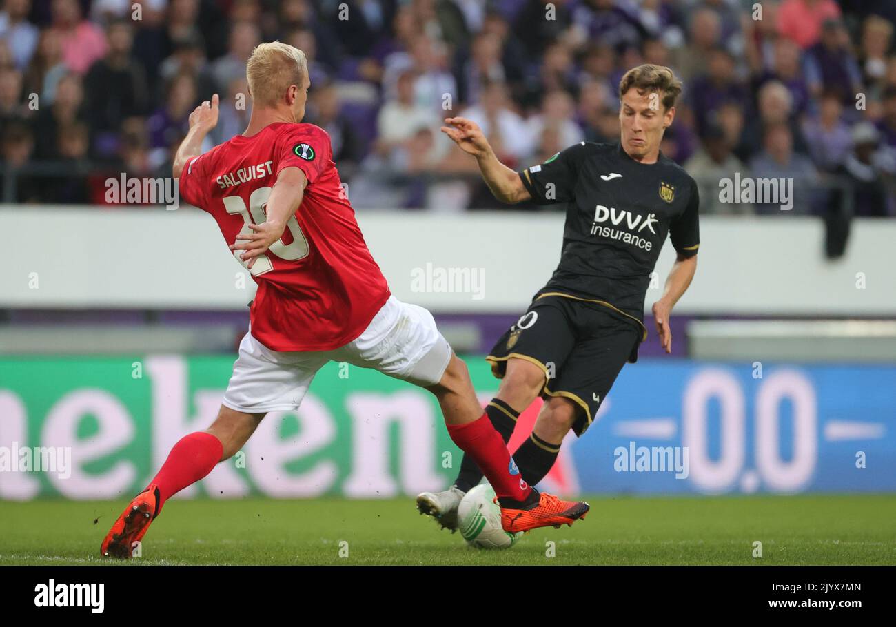 Silkeborg's Tobias Salquist and Anderlecht's Yari Verschaeren fight for ...