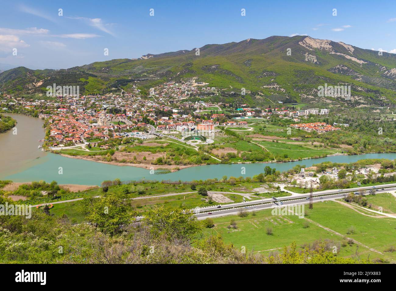 Landscape of Mtskheta town on a sunny day, aerial view. It is one of ...