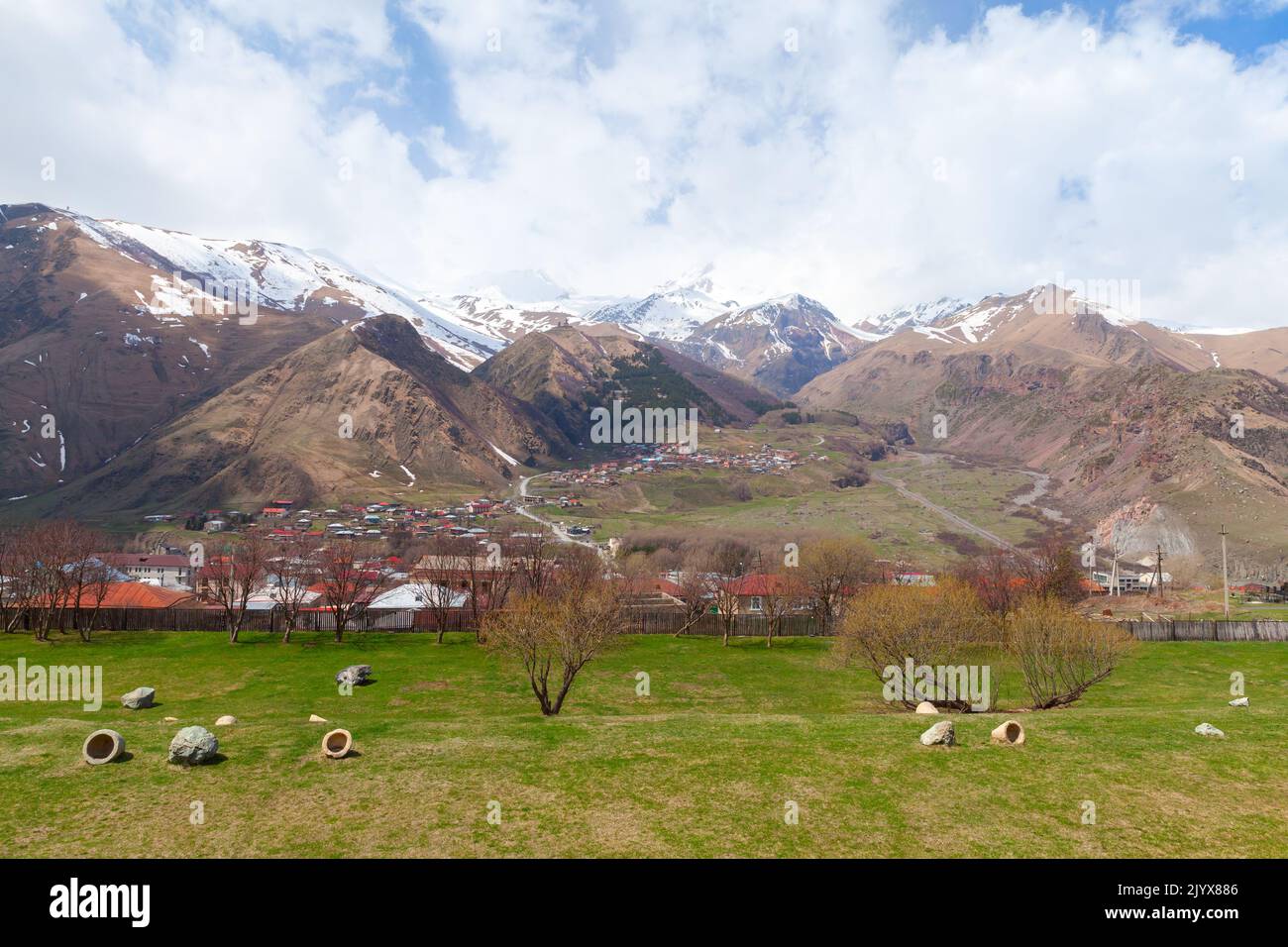 Stepantsminda, Georgian landscape with Kazbegi mountains on a ...
