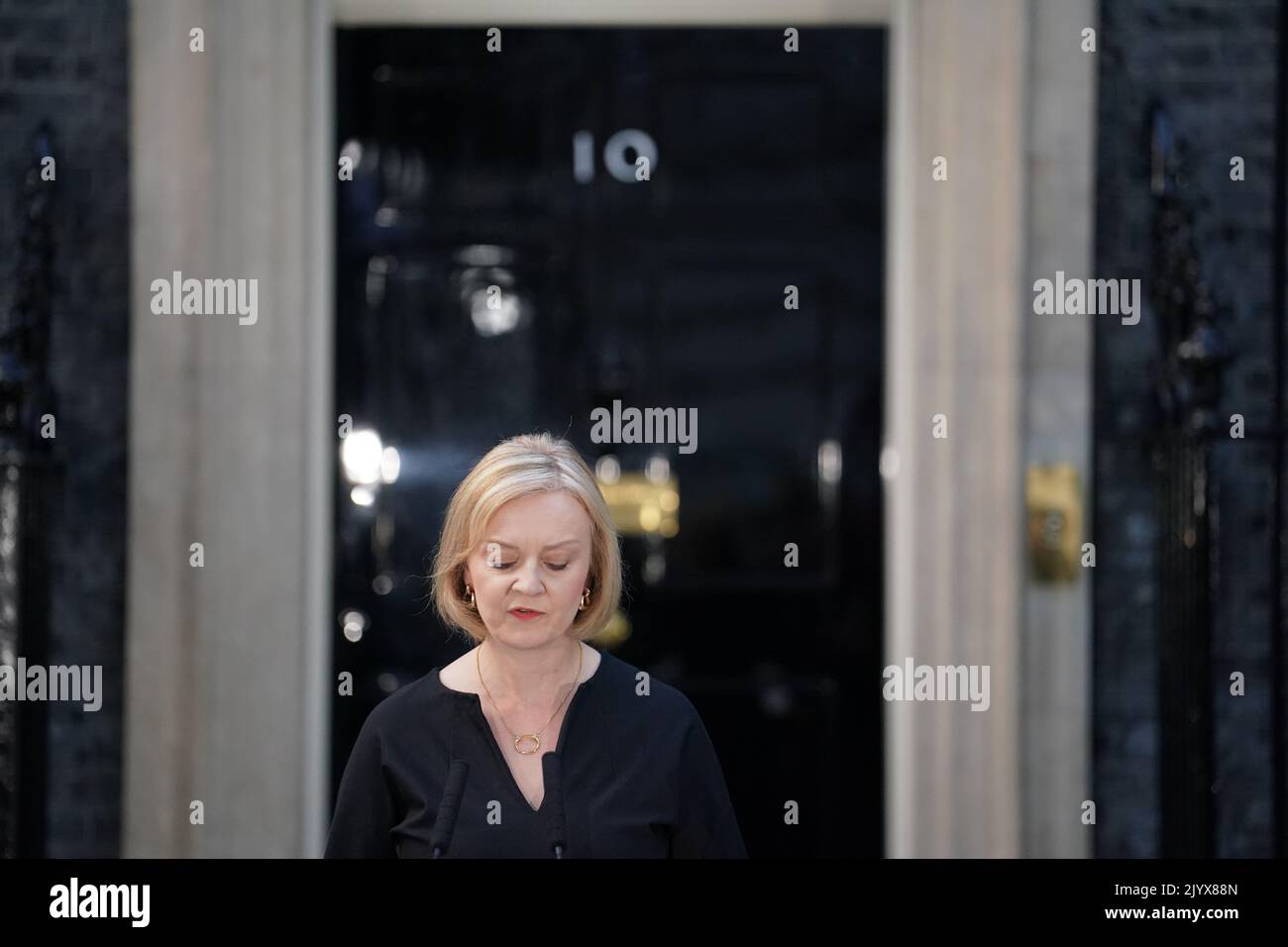 Prime Minister Liz Truss reads a statement outside 10 Downing Street ...