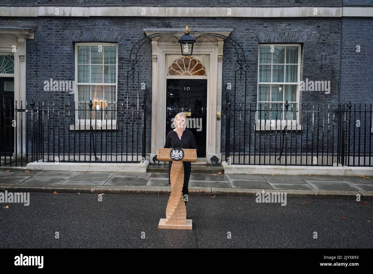 Prime Minister Liz Truss reads a statement outside 10 Downing Street ...