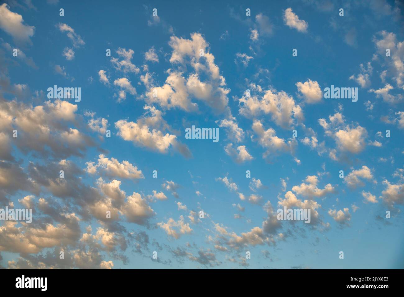 Soft scattered clouds float across a vivid blue sky during a calm day ...