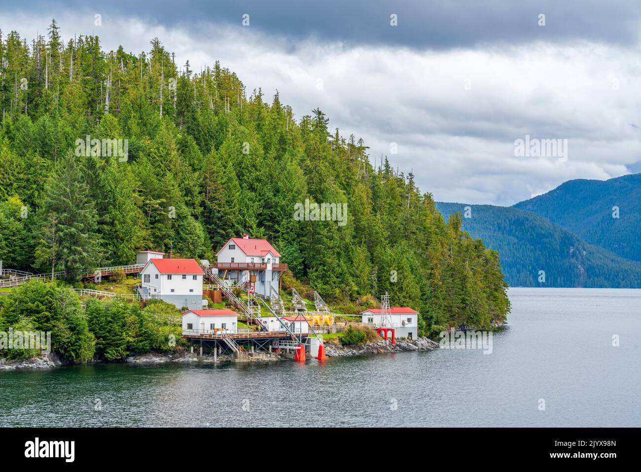The Boat Bluff lighthouse is situated on Sarah Island at a narrow point ...