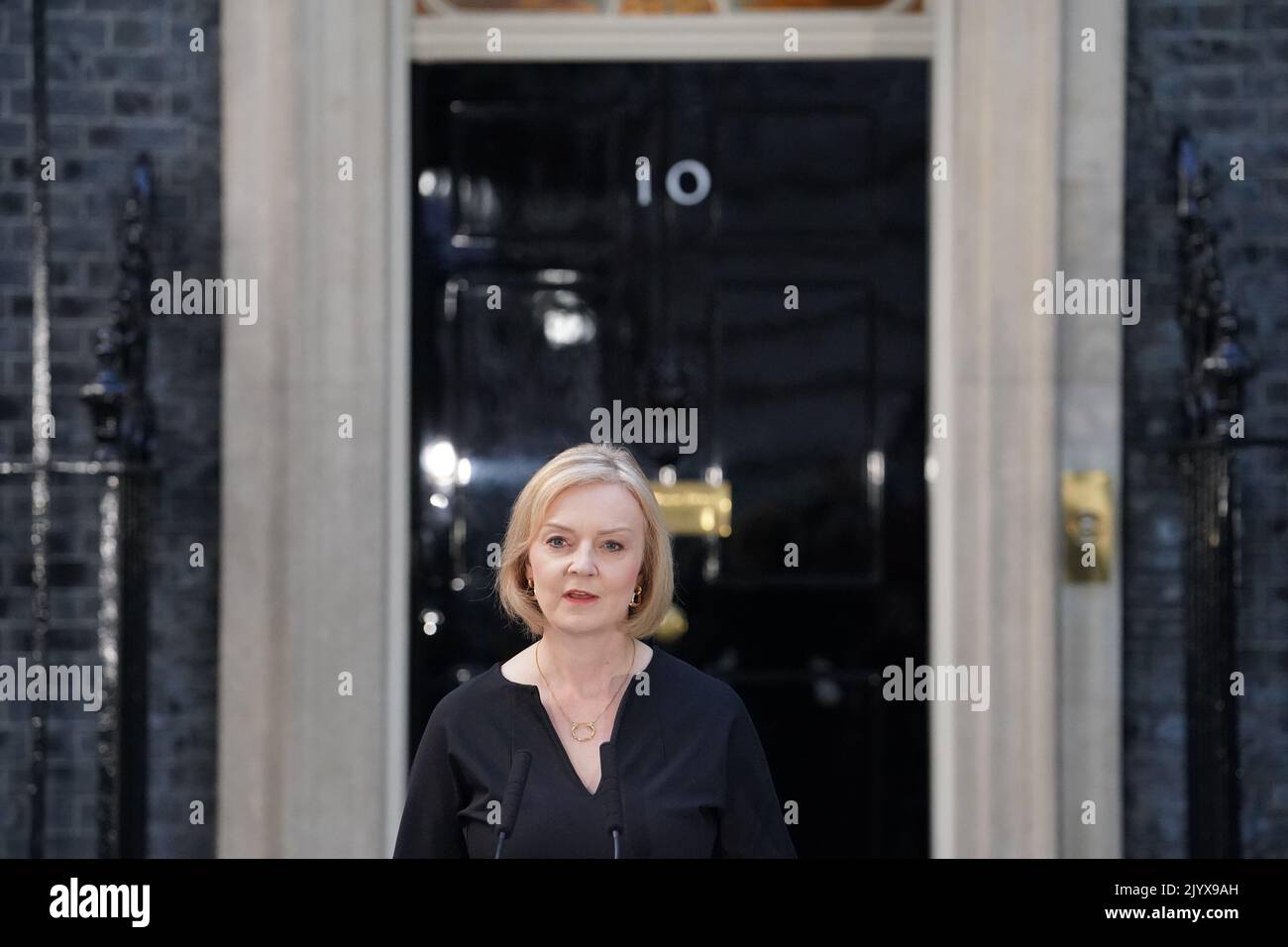 Prime Minister Liz Truss reads a statement outside 10 Downing Street ...