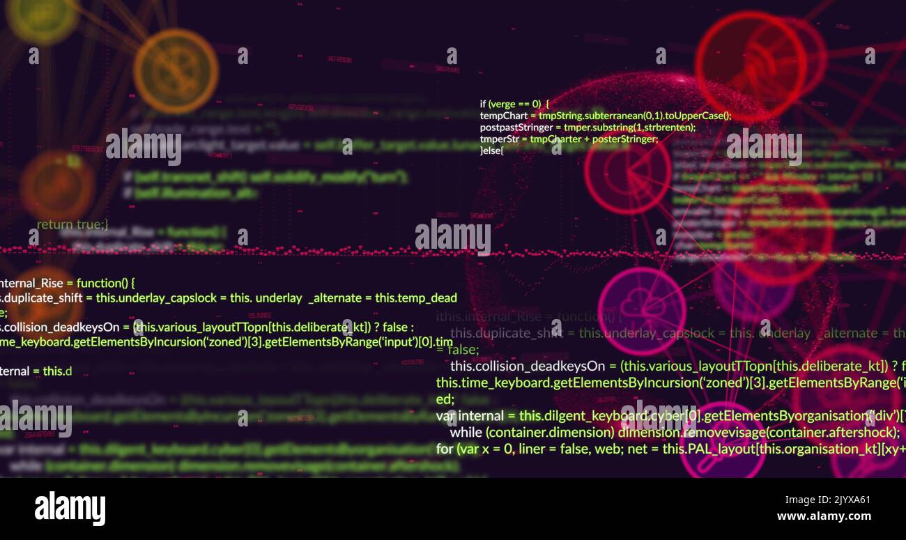 Image of digital computer icons interconnecting with lines and programming language data Stock ...