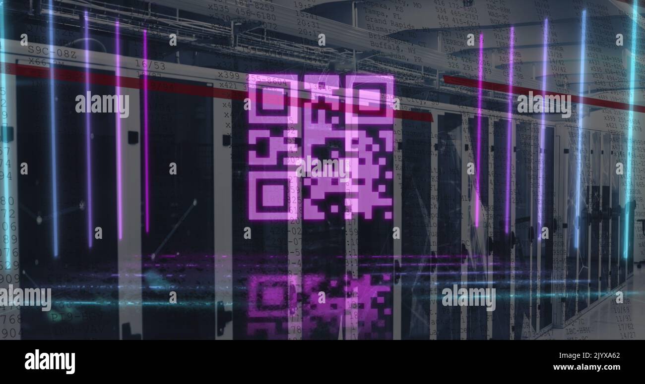Digital composite of pink glowing qr code with multicolored lines against server room Stock ...