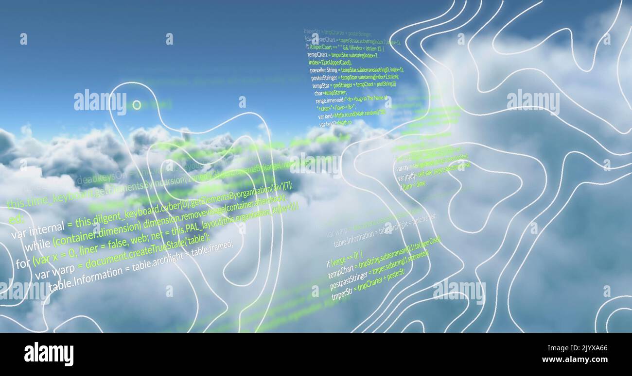 Image of digital abstract patterns with programming language against cloudscape Stock Photo - Alamy