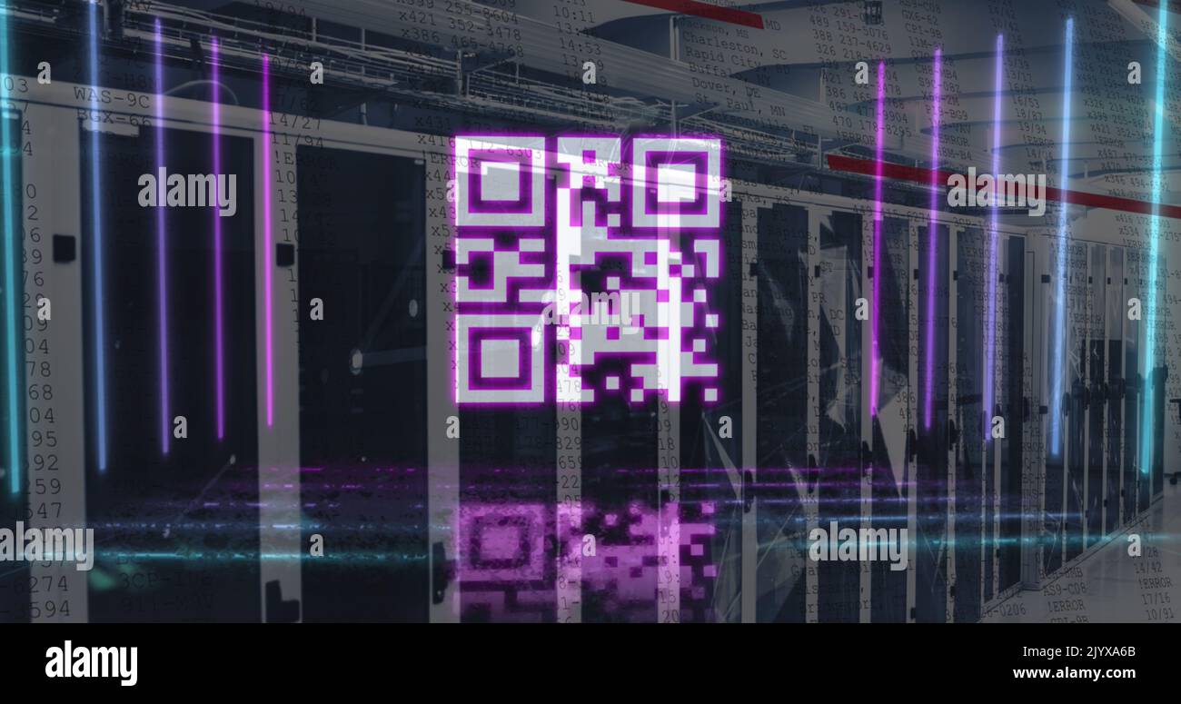 Digital composite of pink glowing qr code with multicolored lines ...