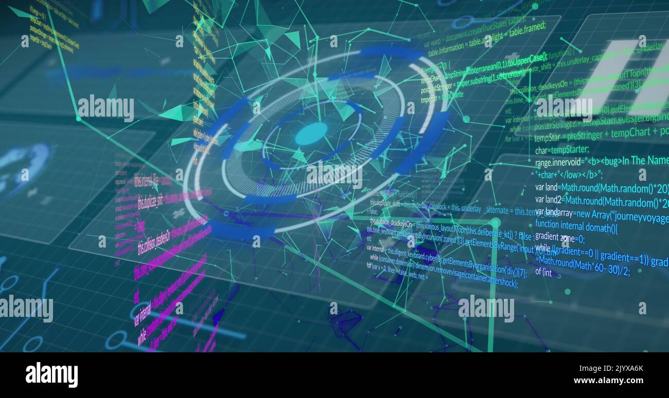 Image of digital interface screens with circle, dots connecting with lines and programming data ...