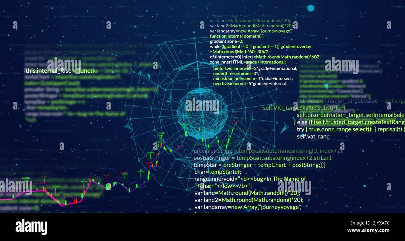 Image Of Digital Dots Interconnecting With Lines Forming Globe Against Programming Language