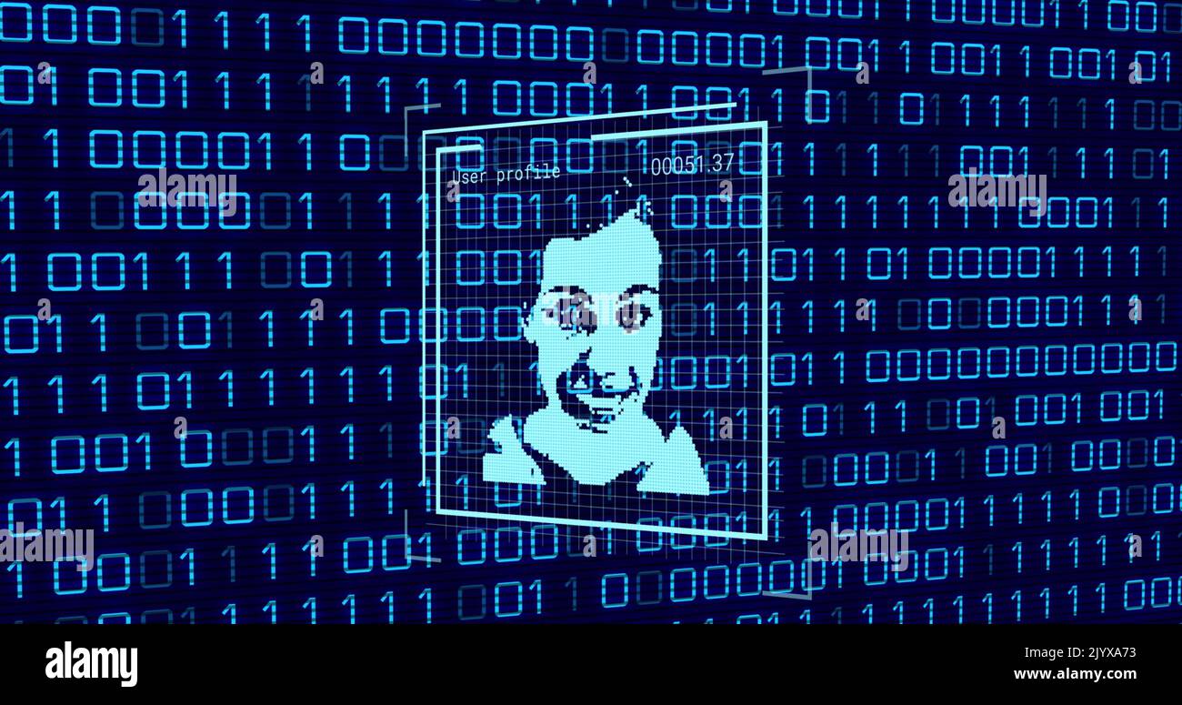 Image of user photo and binary code on navy background Stock Photo - Alamy