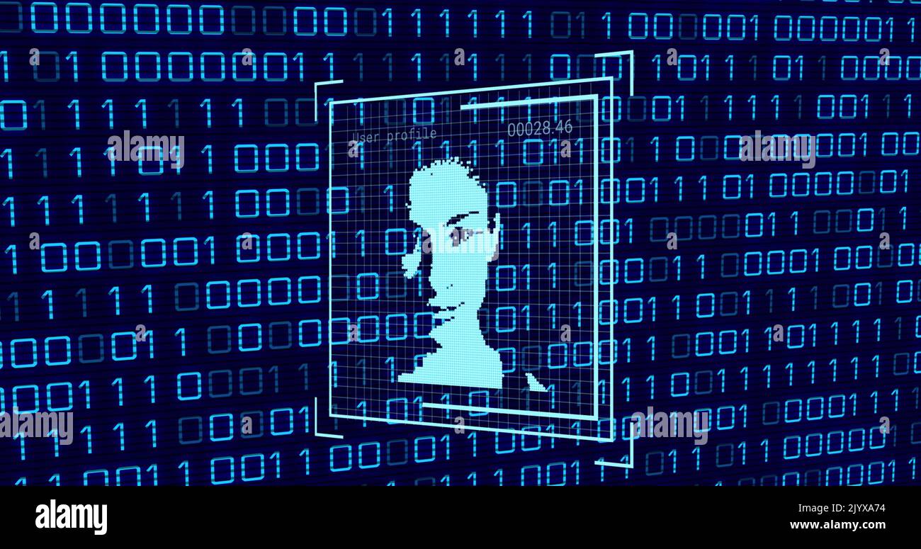 Image of user photo and binary code on navy background Stock Photo - Alamy