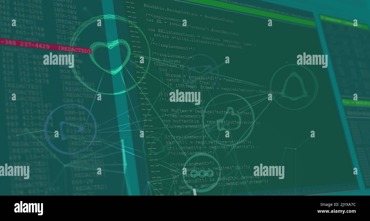 Image of computer icons interconnecting with lines against computer language Stock Photo - Alamy