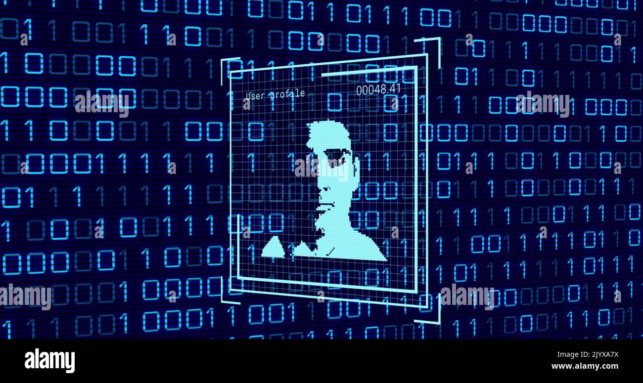 Image of user photo and binary code on navy background Stock Photo - Alamy