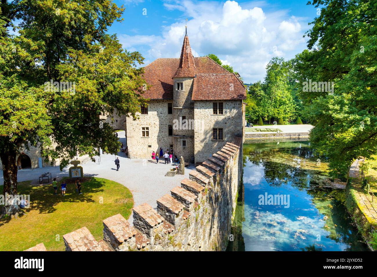 Medieval 13th-century Hallwyl Castle surrounded by a moat on the River ...