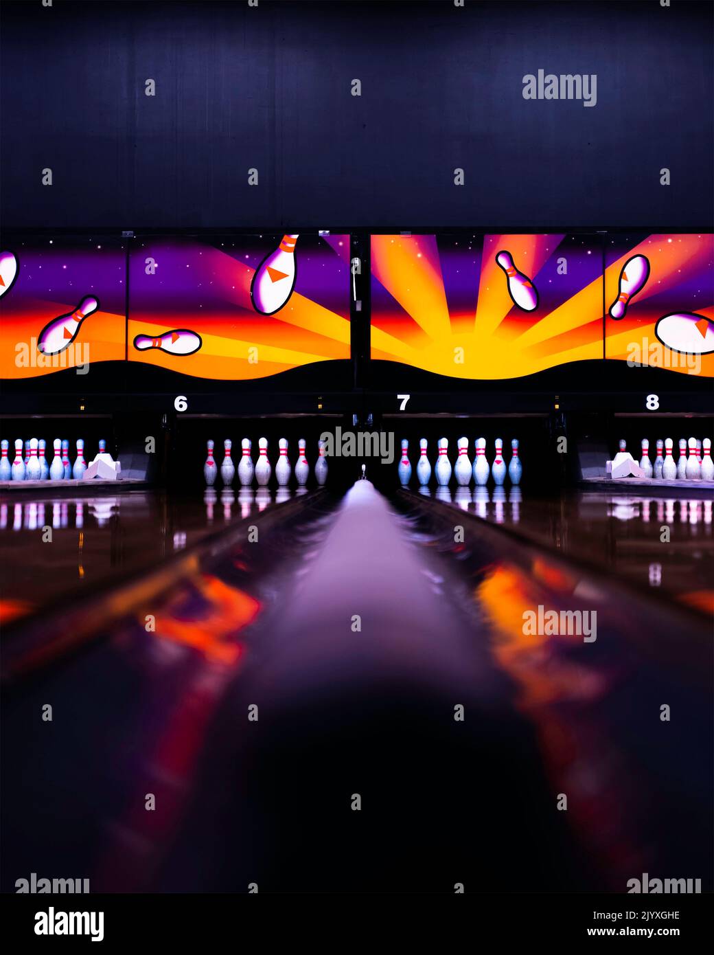 A vibrant bowling alley, stacked with pins Stock Photo - Alamy