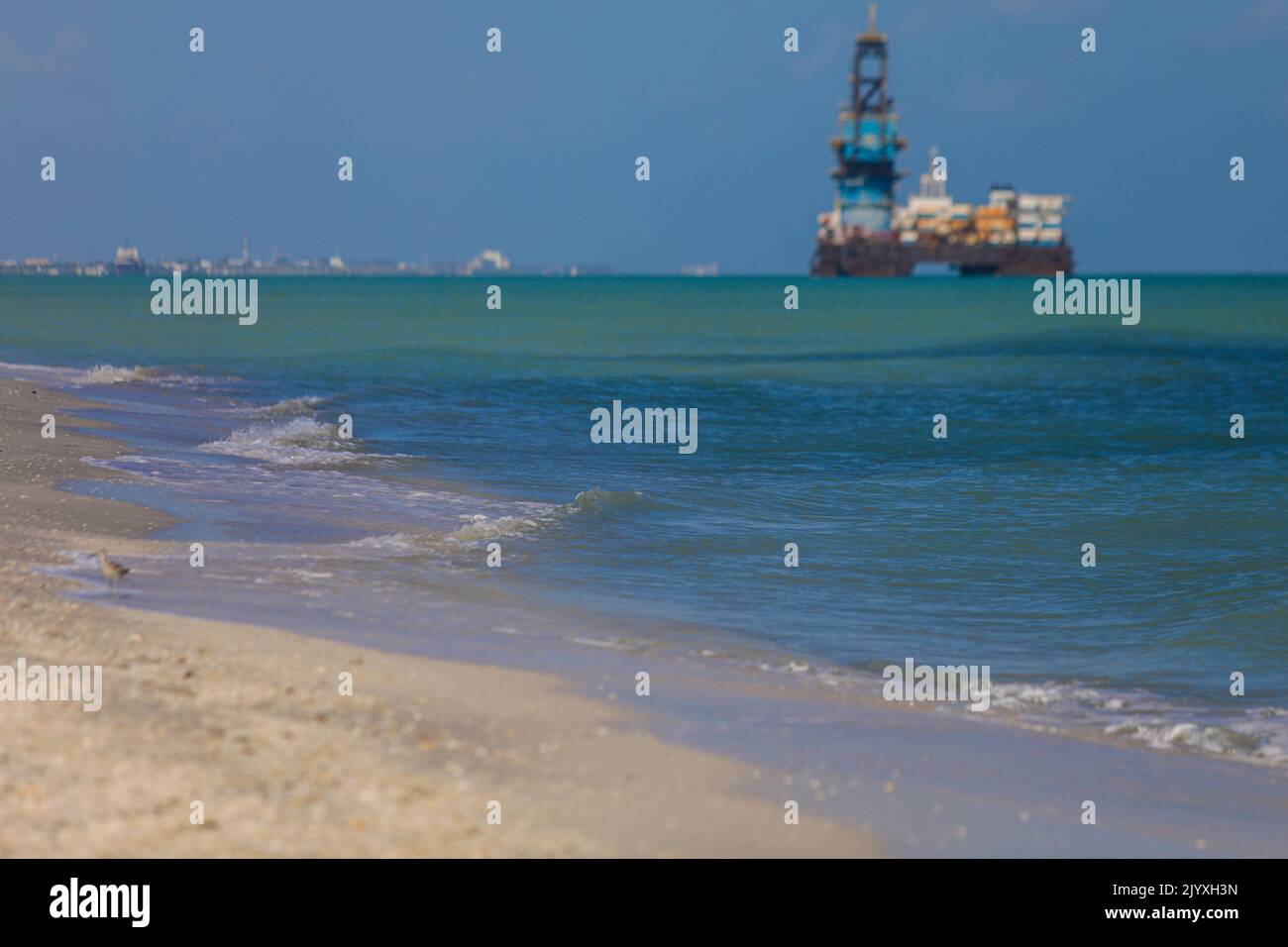 abandoned and grounded ship, platform type ship, freighter, cargo ...