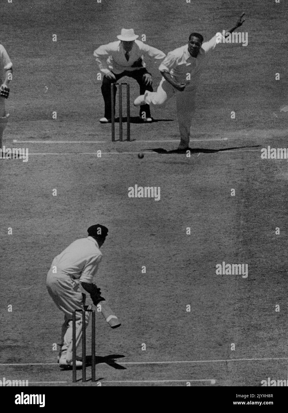 Right: West Indies bowler John Trim sends one down to Victorian opener ...