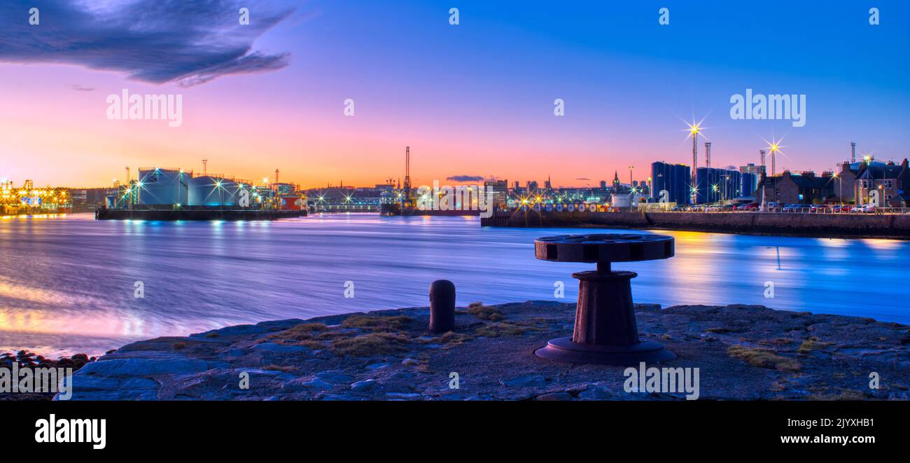 A panoramic view of Aberdeen Harbour from Torry, Aberdeen at night. In ...