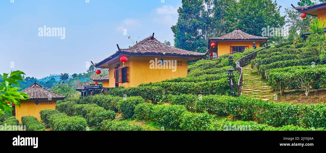 Panorama with small Chinese houses on mountain tea plantation, Ban Rak ...