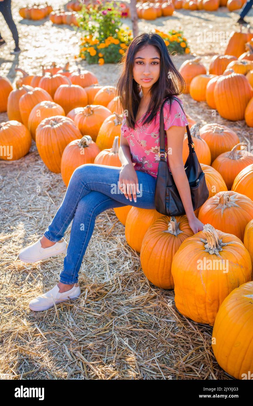 Fall Celebration Portrait of a Young Asian Woman Sitting in a Field of ...