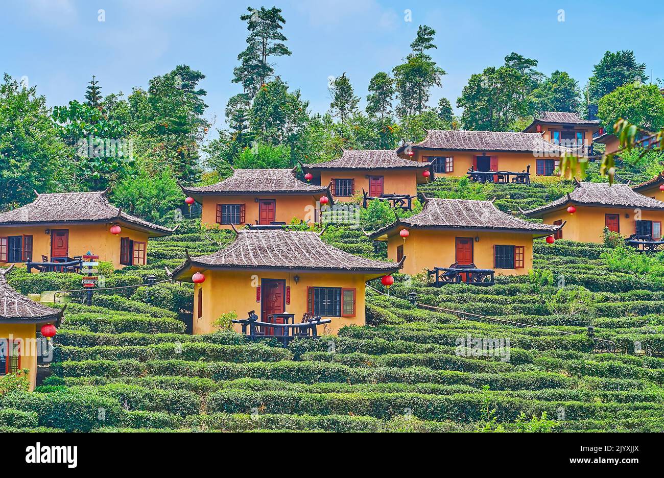 Typical tiny Chinese Houses, decorated with red lanterns and surrounded ...
