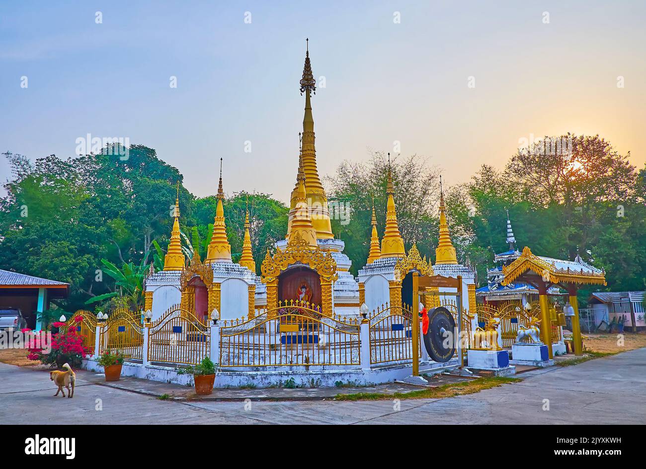 Panoramic view of the historic shrine with golden Chedi, surrounded ...
