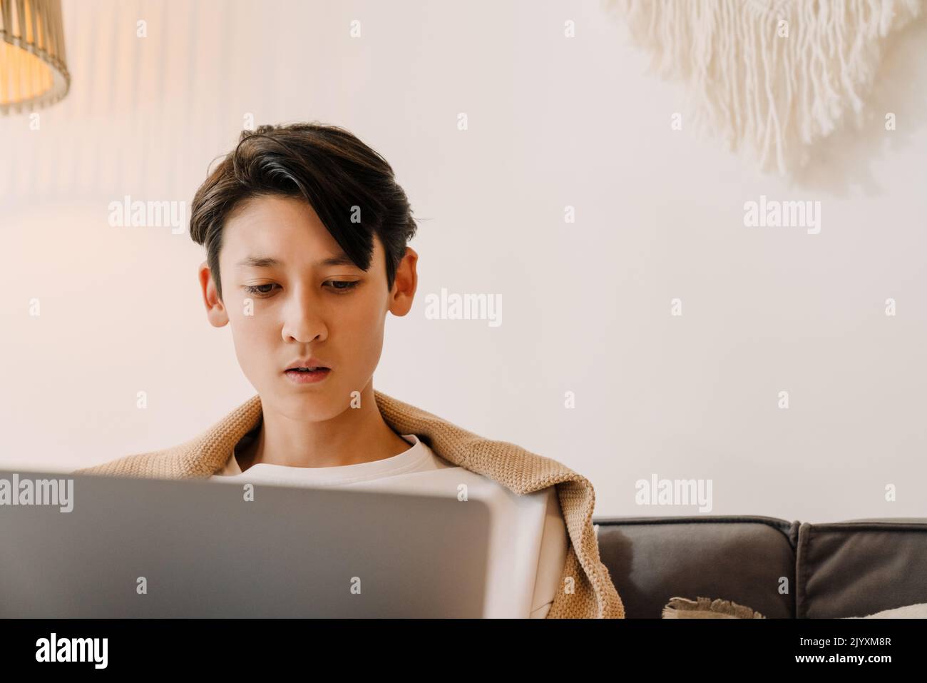 Asian boy working with laptop while resting on sofa at home Stock Photo ...