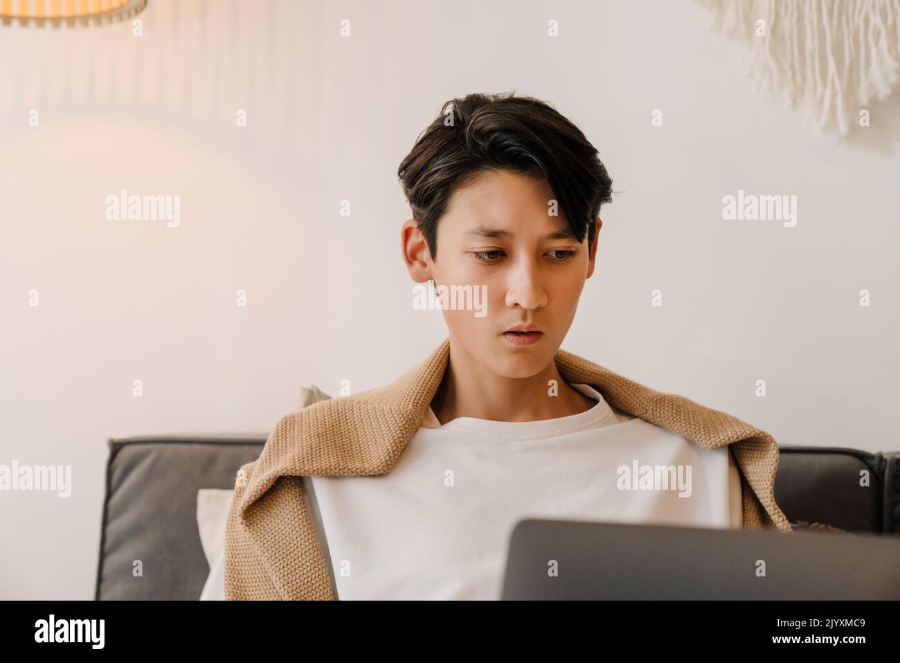 Asian boy working with laptop while resting on sofa at home Stock Photo ...