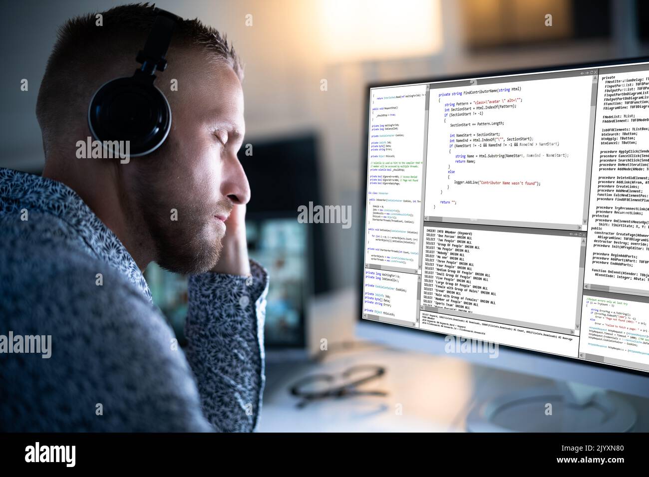 Bored Programmer Man Sleeping At Night. Workaholic Programmer Stock Photo - Alamy
