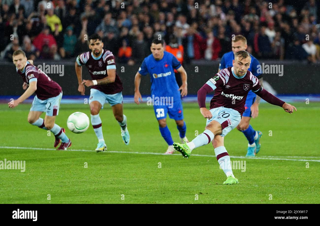 West Ham United's Jarrod Bowen scores their side's first goal of the ...
