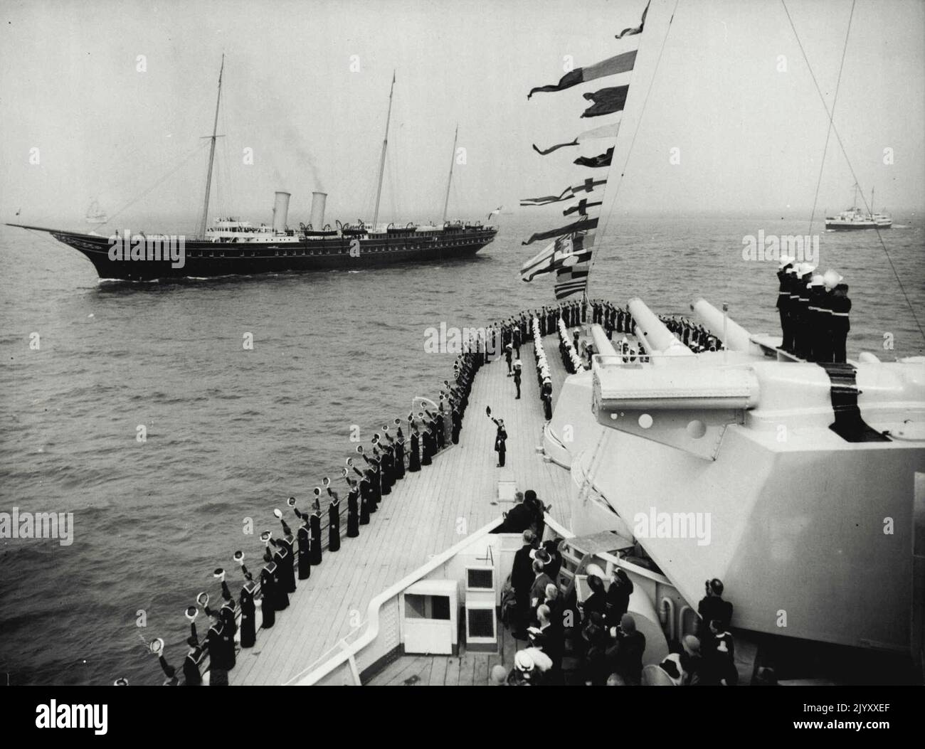 Crew of "Queen Elizabeth" Mans Ship As Royal Yacht Passes in Coronation ...