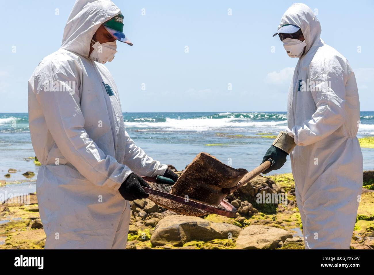 Cleaning agents extract oil from Pedra do Sal beach in the city of ...