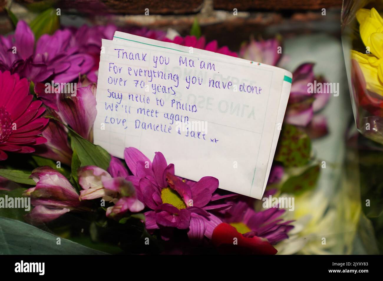 Floral tributes and messages at the gates of Sandringham House on the ...