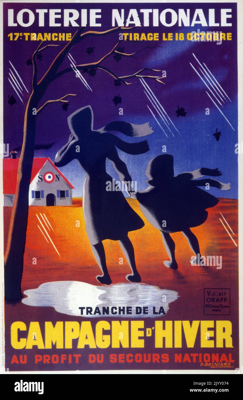 French 'National Lottery' Poster 1942. highlighting a campaign to fund ...