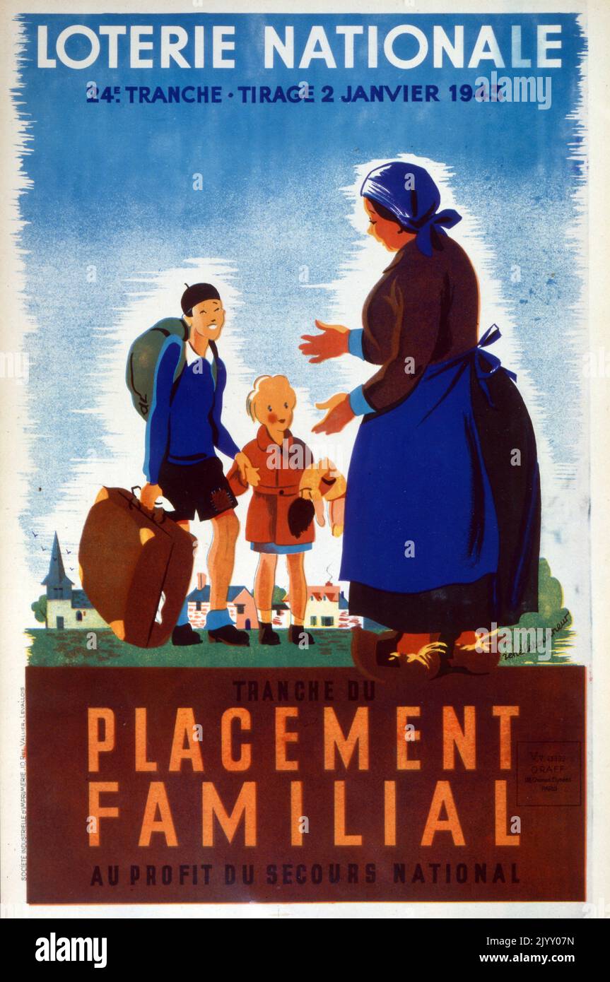 French 'National Lottery' Poster 1945. highlighting a campaign to fund ...