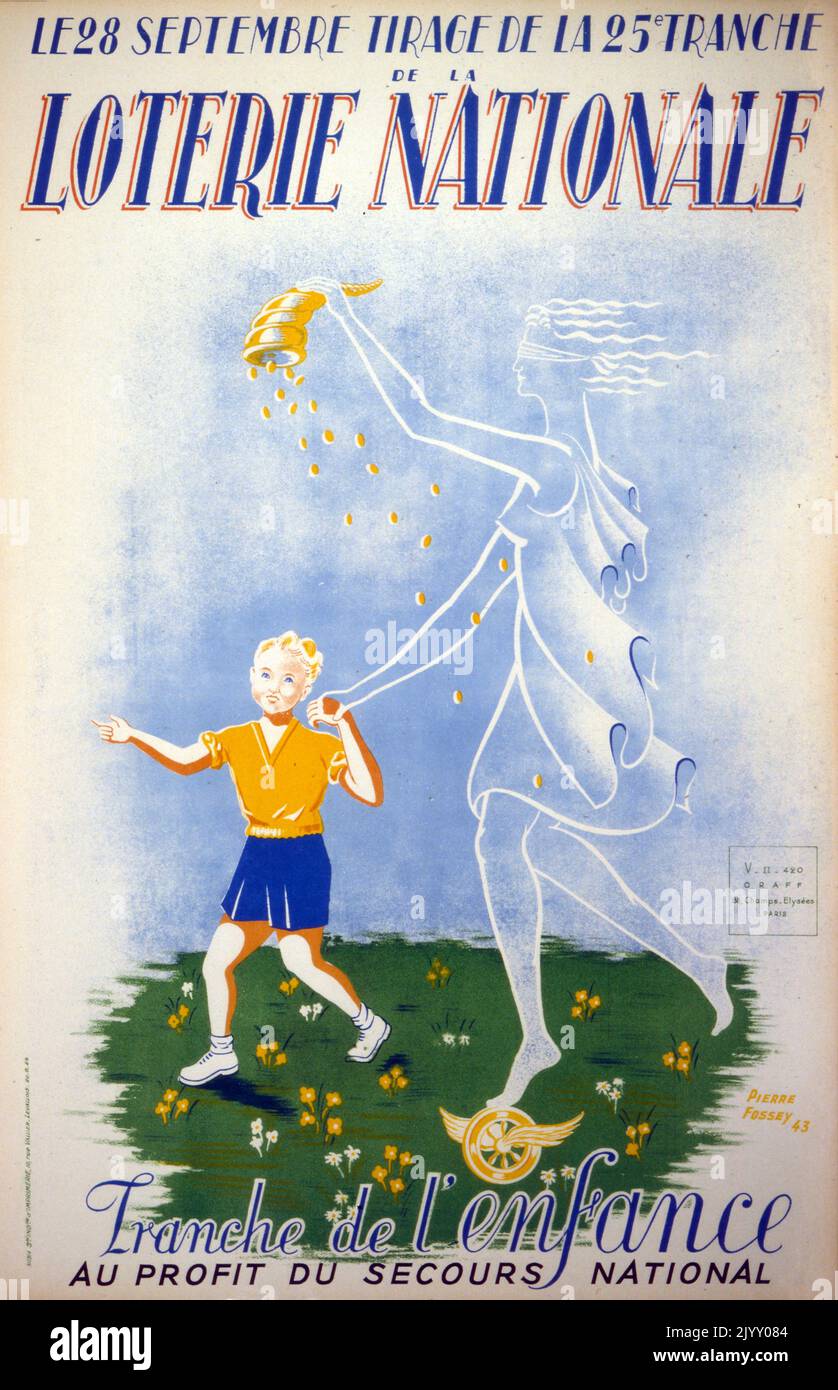 French 'National Lottery' Poster 1945. highlighting a campaign to fund ...