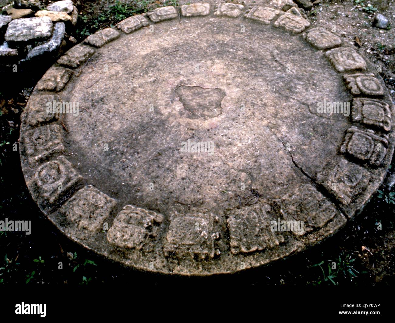Mayan calendar disk on the ground at Tonina, a pre-Columbian ...