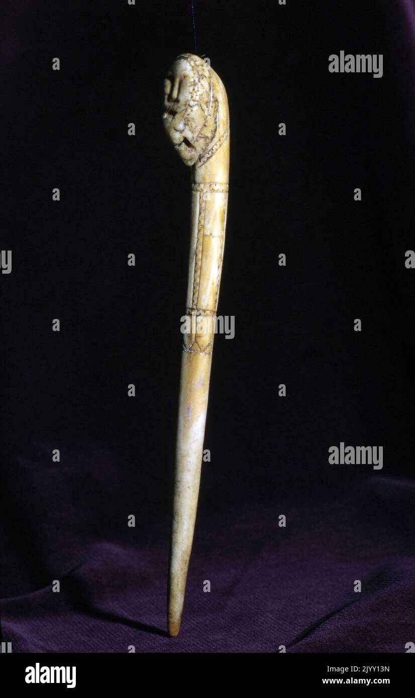 Native Indian fishing hook made from made from bone. decorated, Eskimo ...