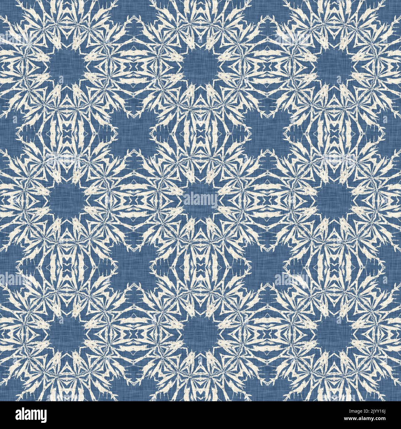 Farmhouse blue snow flake pattern background. Frosty batik damask ...