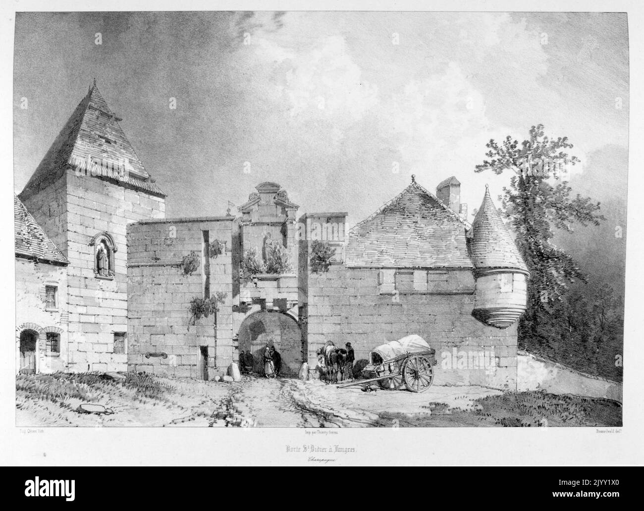 Drawing of the city gate in, Langres, France, drawn by Isidore Justin ...