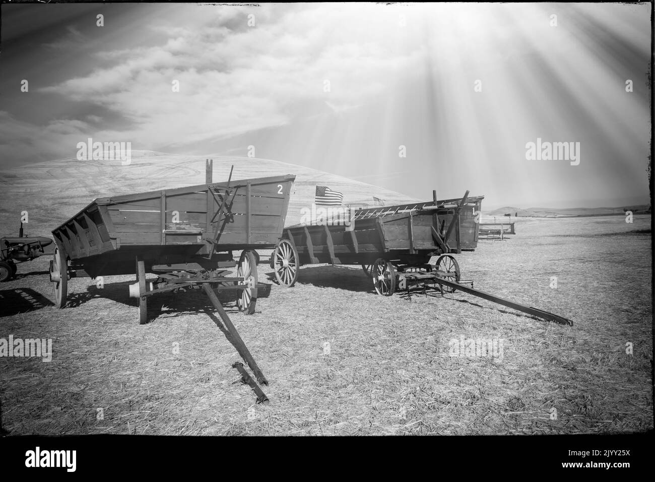 USA, Washington State, Whitman County. Palouse. Farm wagons used to ...
