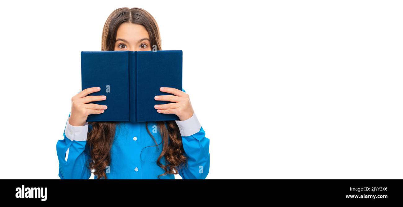 School kid hide face with book isolated on white, library. Horizontal ...