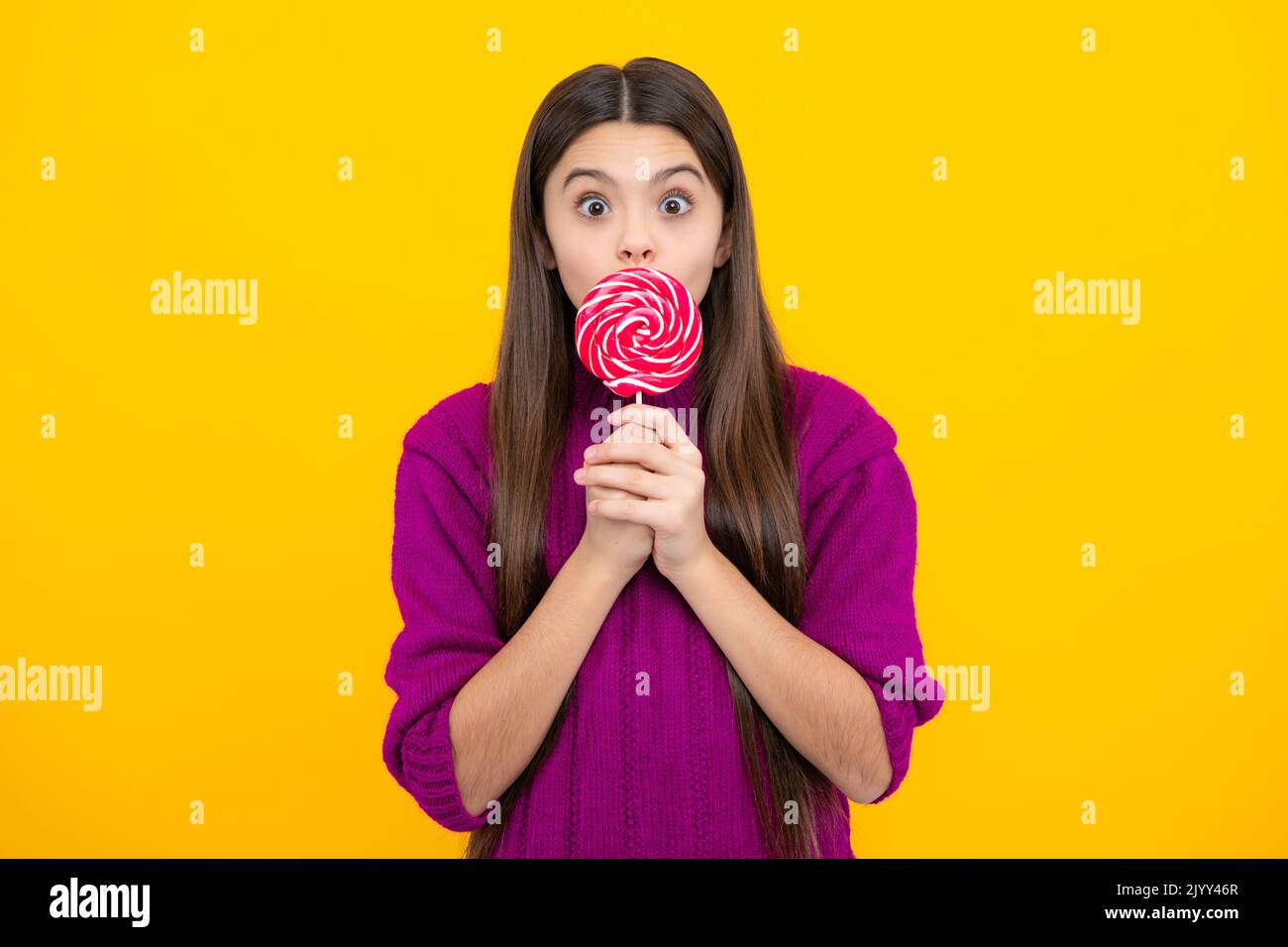 Teenage girl with candy lollipop, happy child 12, 13, 14 years old ...
