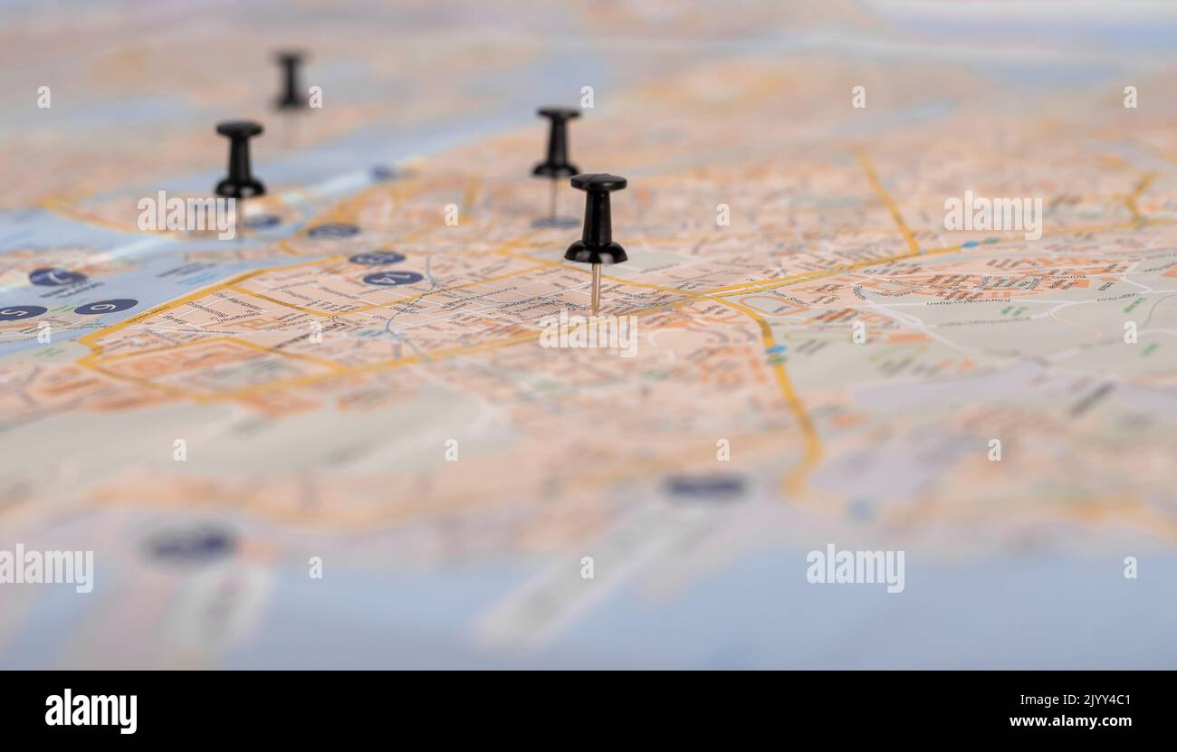 Pins on map. Travel itinerary. Trip route planning, events schedule ...