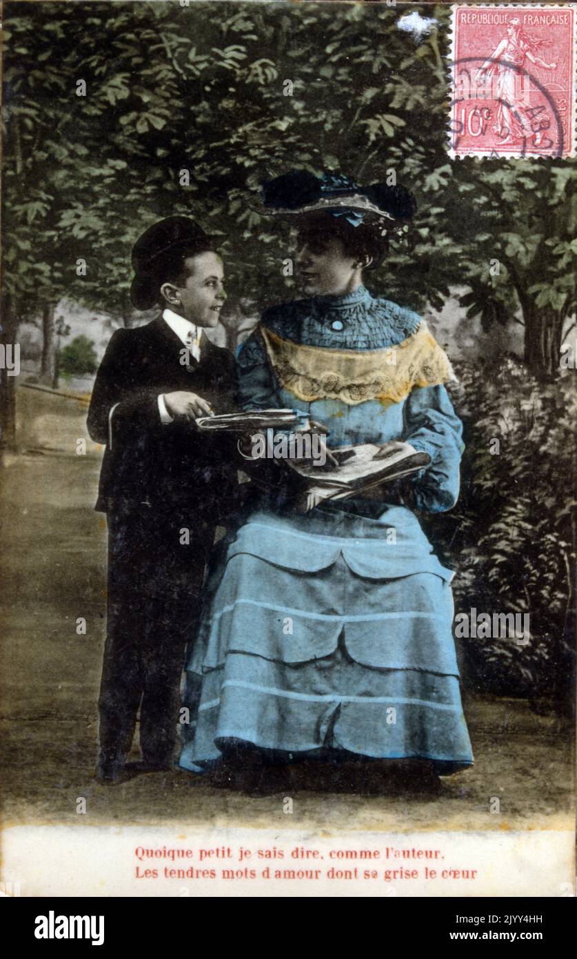 French vintage postcard with a photograph of a man and a woman in a ...