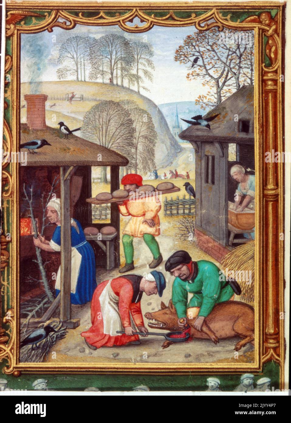 16th century Flemish calendar Illustration showing villagers preparing ...